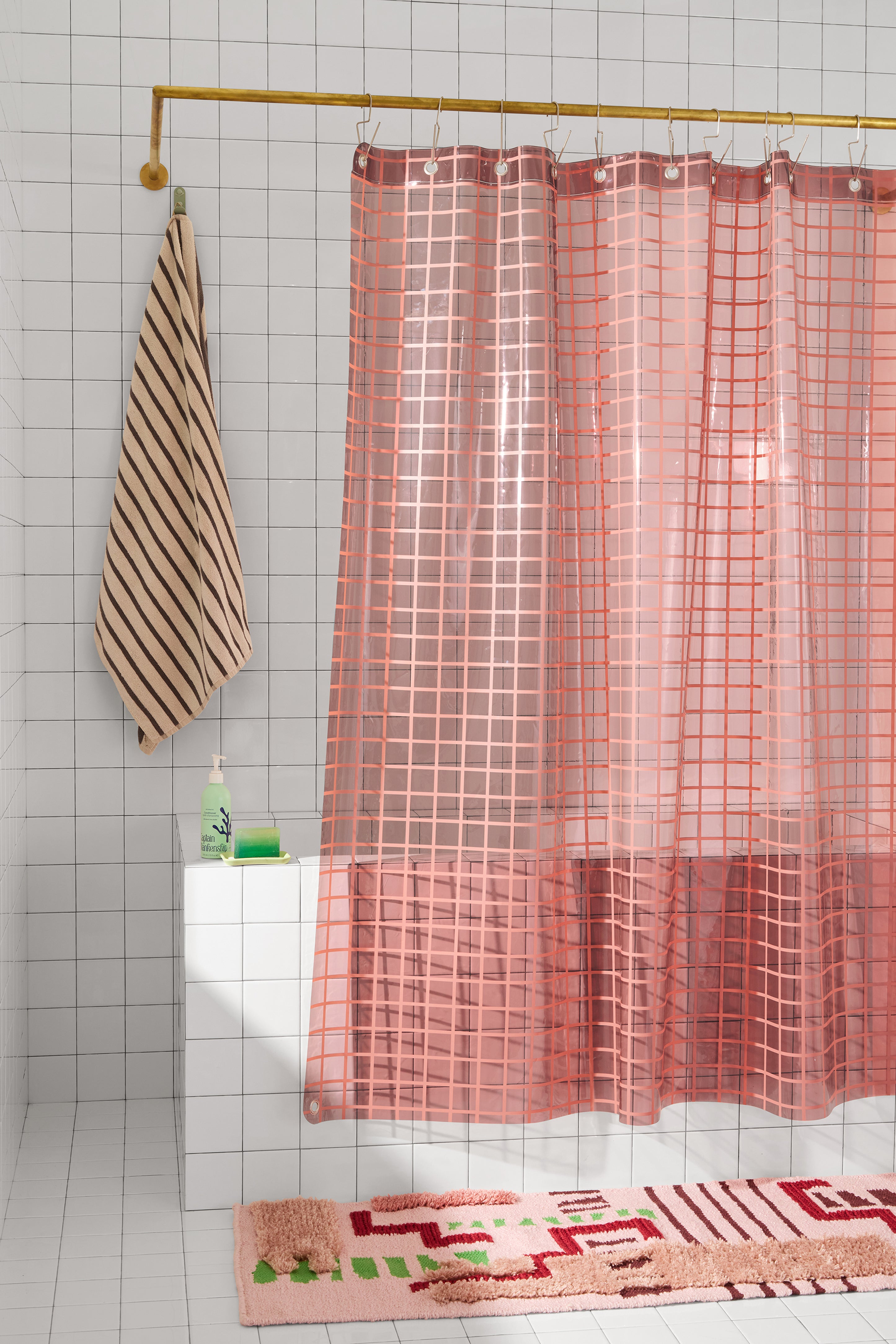 Sun Shower 2x2 in Rose | Pink Grid Clear Shower Curtain | Quiet Town