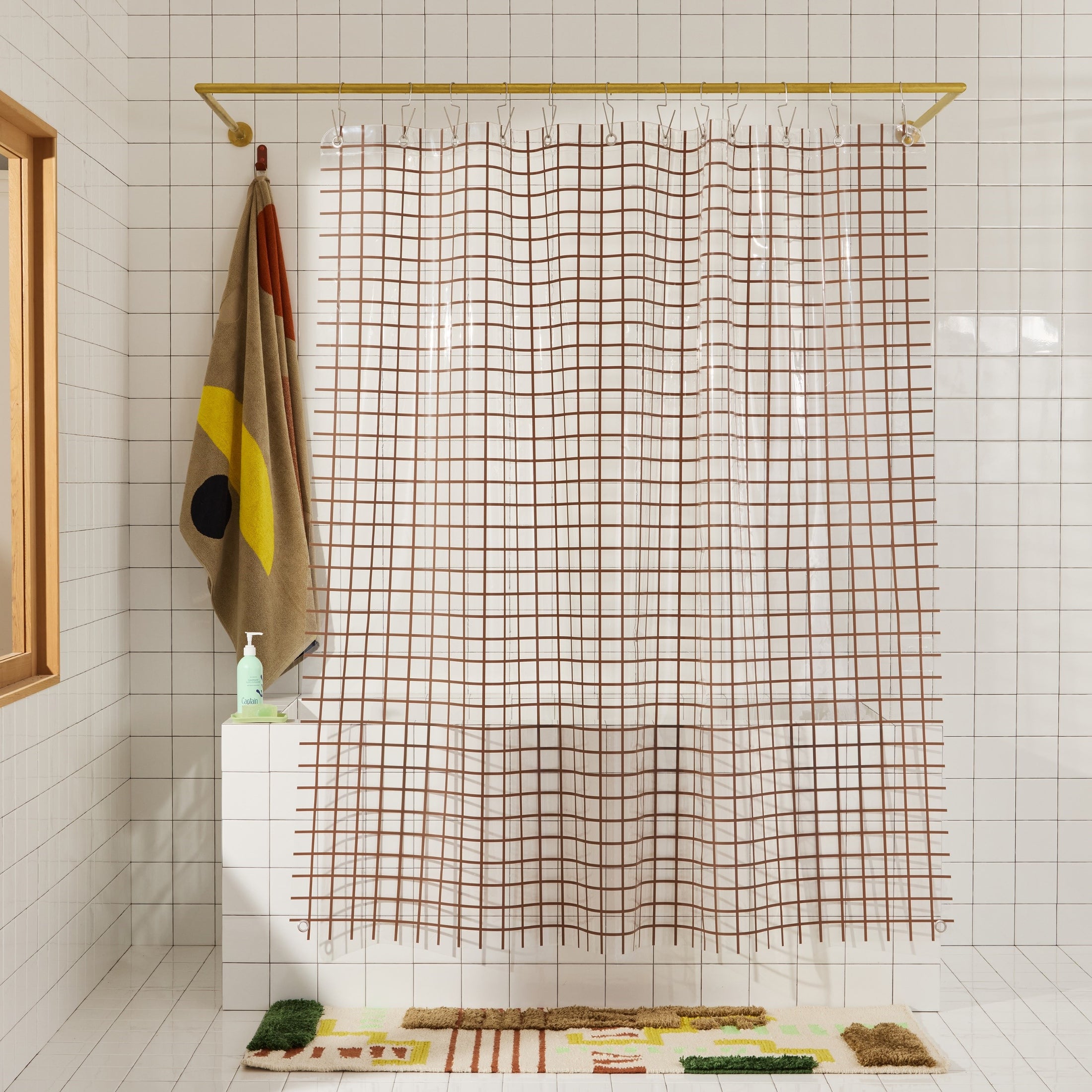 Sun Shower 2x2 in Chocolate | Brown Grid Clear Shower Curtain | Quiet Town